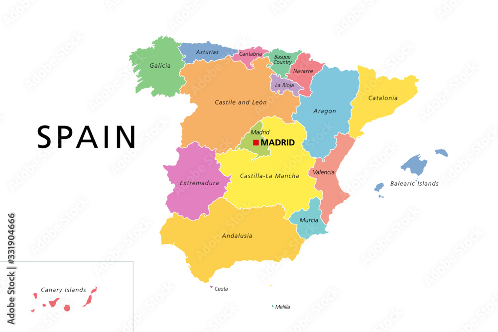 Spain political map with colored administrative divisions. Kingdom of ...