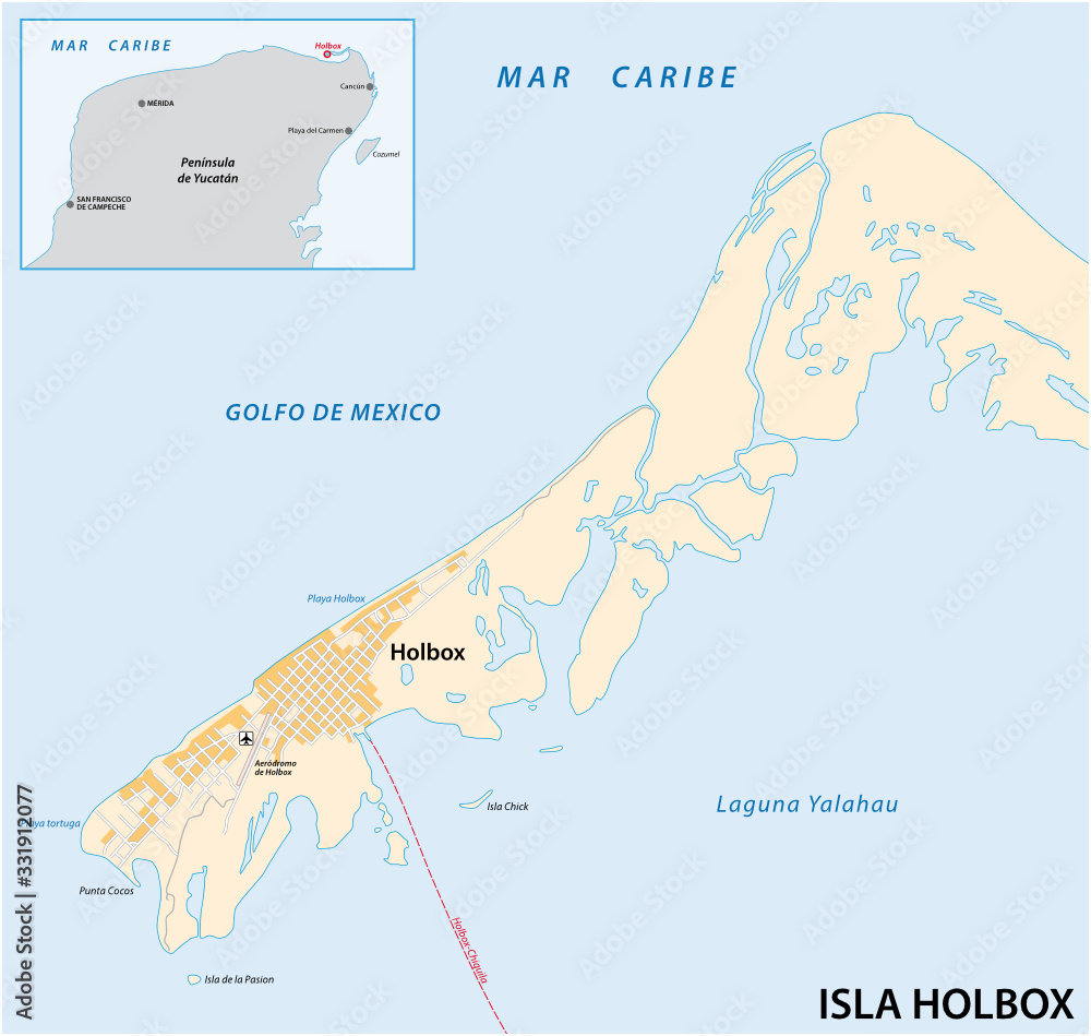 Vetor de Map of the Mexican island of Holbox in the north of the ...