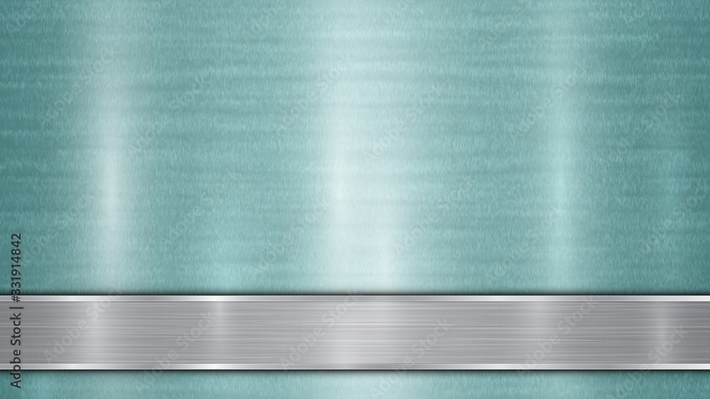 Background consisting of a light blue shiny metallic surface and one ...