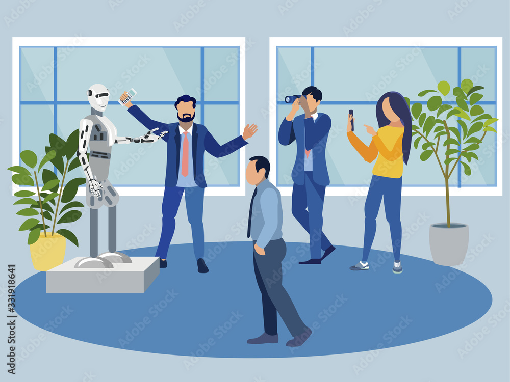 Presentation of a new robot. Exhibition of technology. Flat style ...