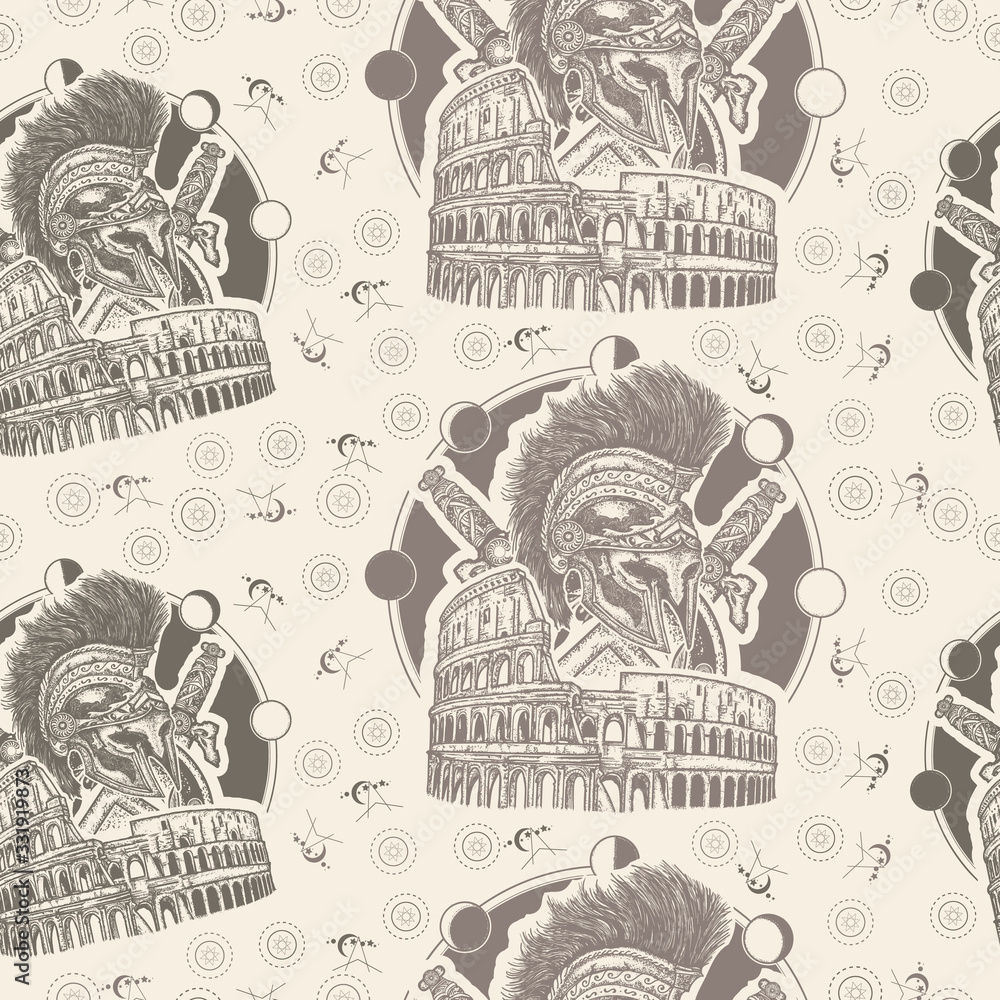 Spartan helmet crossed swords, shield and Colosseum. Seamless pattern ...
