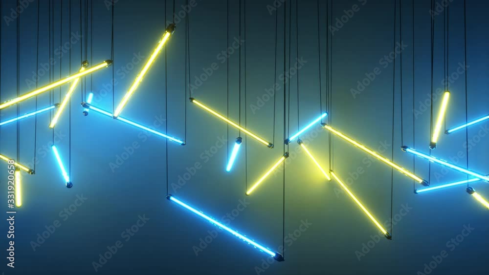 Blue and yellow neon fluorescent lights suspended from ropes. Modern ...