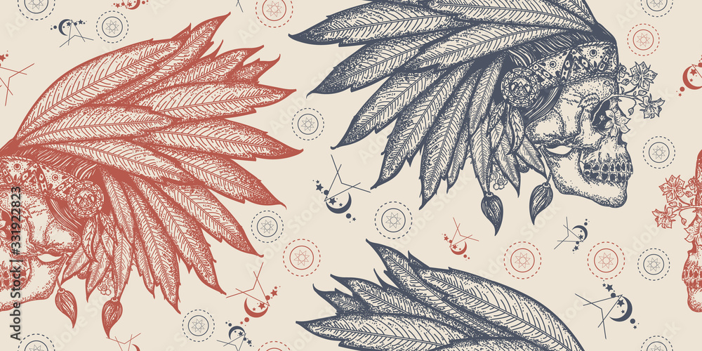 Indian skull. Seamless pattern. Packing old paper, scrapbooking style ...