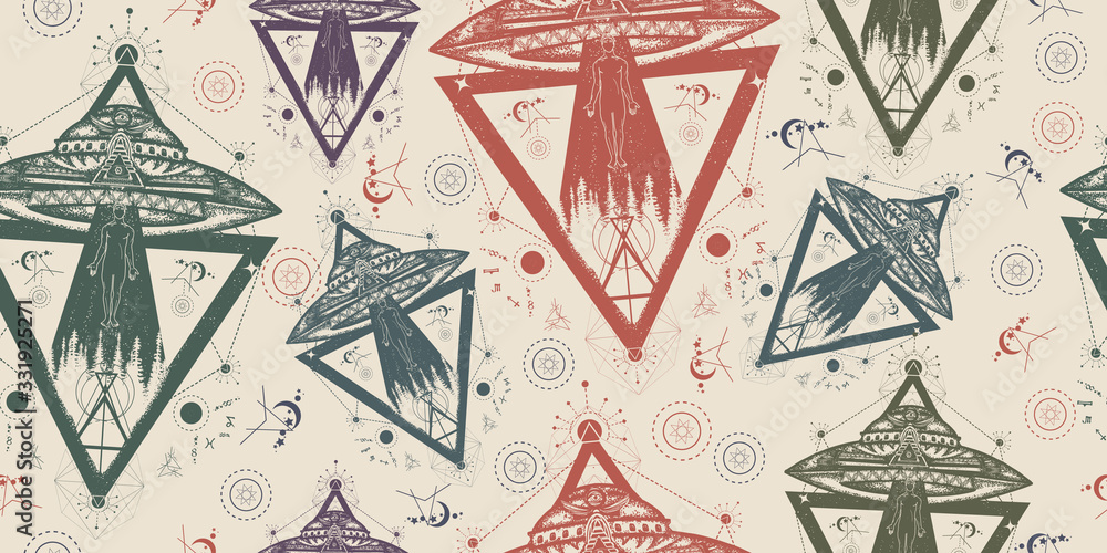 Ufo aliens kidnapped person. Seamless pattern. Packing old paper ...