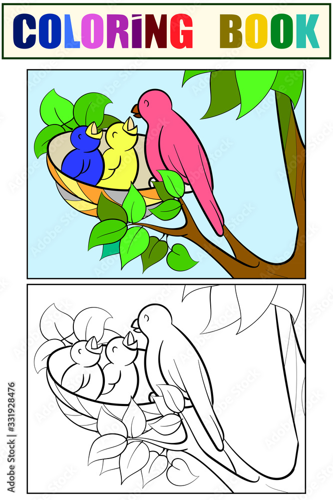 Mom bird feeds the chicks in the nest. Set of children art coloring ...