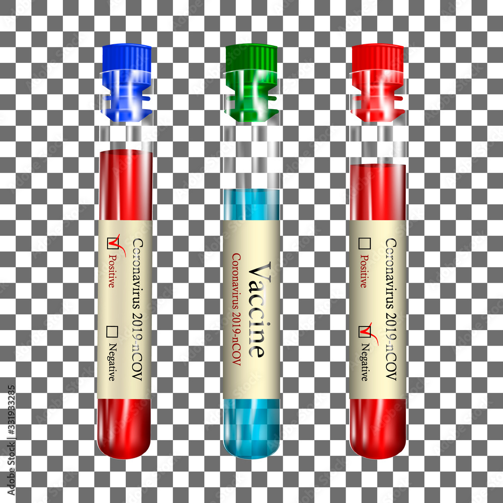 Realistic transparent test tubes with blood and vaccine on an isolated ...
