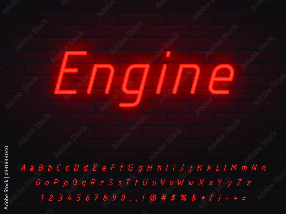 bright red neon font set technical style with transparent glow on a ...