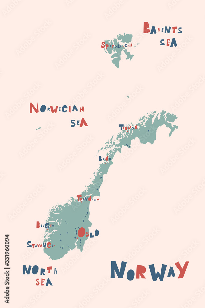 Vector map of Norway. Country map with with city names and capital Oslo ...