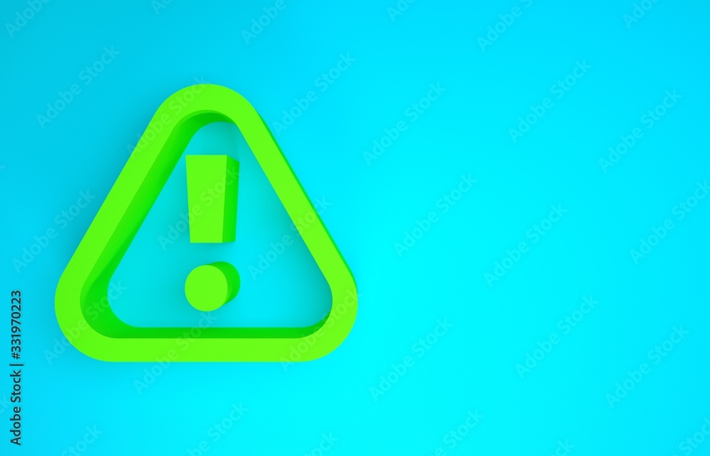 Green Exclamation mark in triangle icon isolated on blue background ...