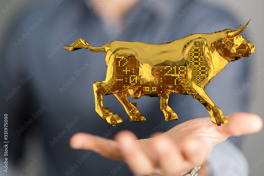 Bull shapes that look like made of origami paper with symbols of stock ...