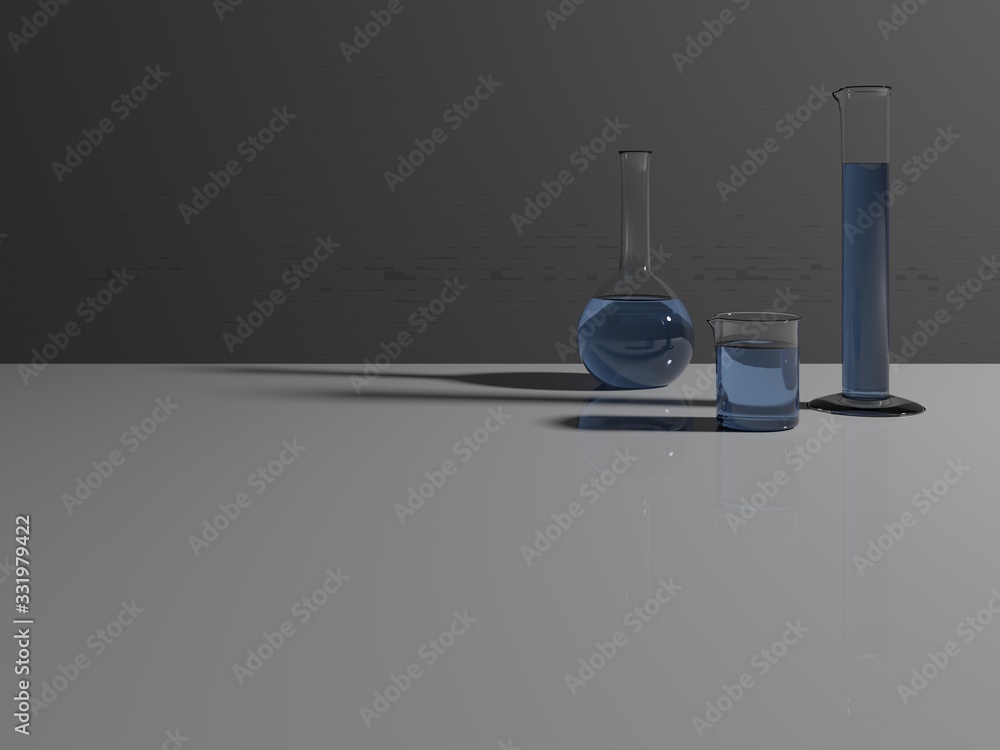 Laboratory glassware. Realistic lab beaker, volumetric flask and ...