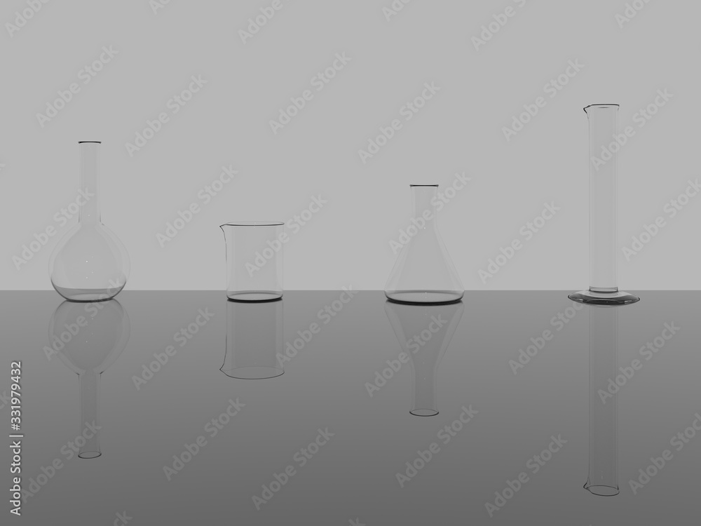 Laboratory glassware: realistic lab beaker, flask, volumetric flask and ...