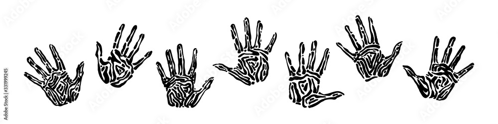 Endangered ancient handprint set. Hand drawn human palm prints graphic ...