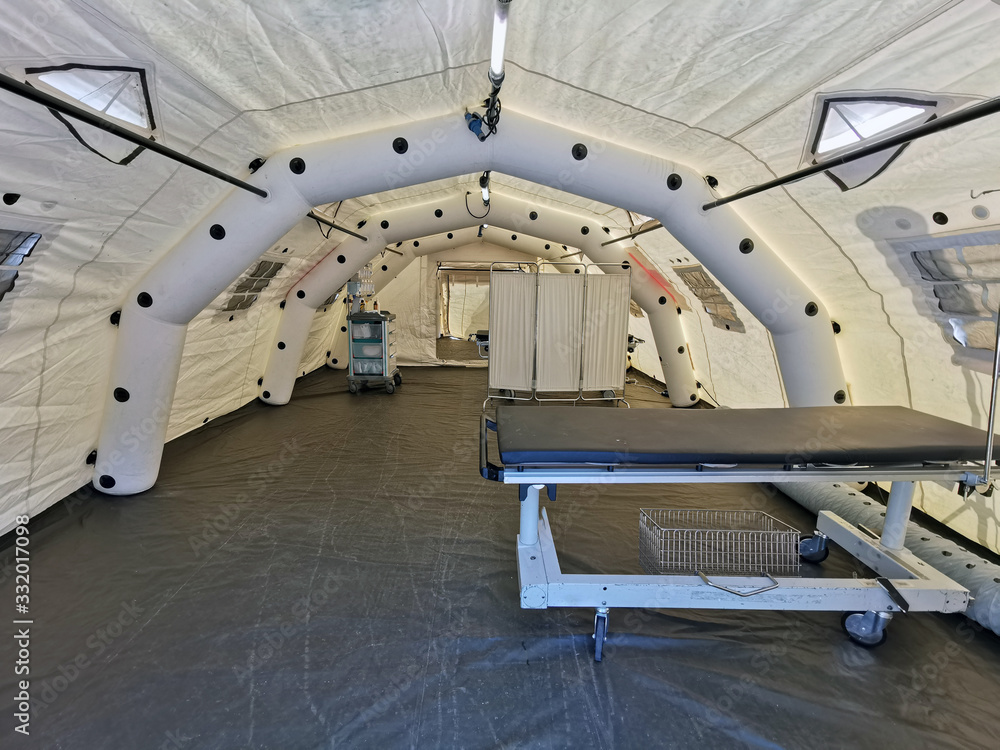 Empty hospital field tent for the first AID, a mobile medical unit of ...