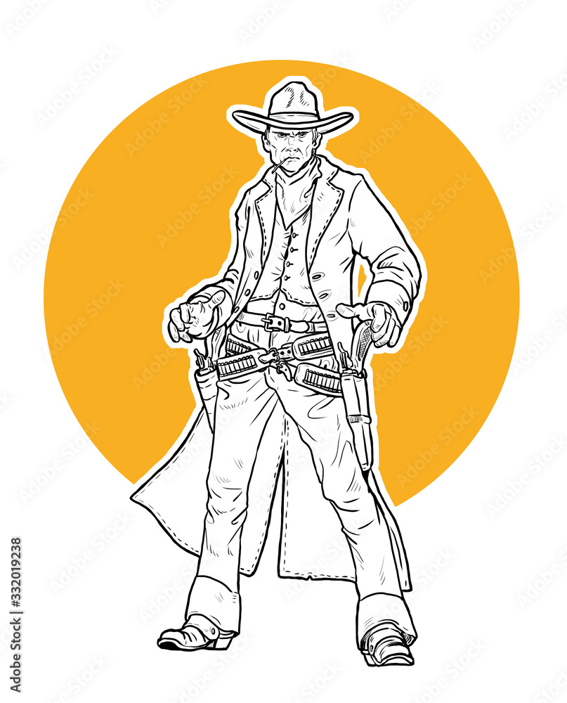 Gunfighter drawing. Cowboy with revolver on duel illustration. American ...