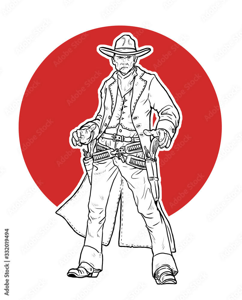 Gunfighter drawing. Cowboy with revolver on duel illustration. American ...