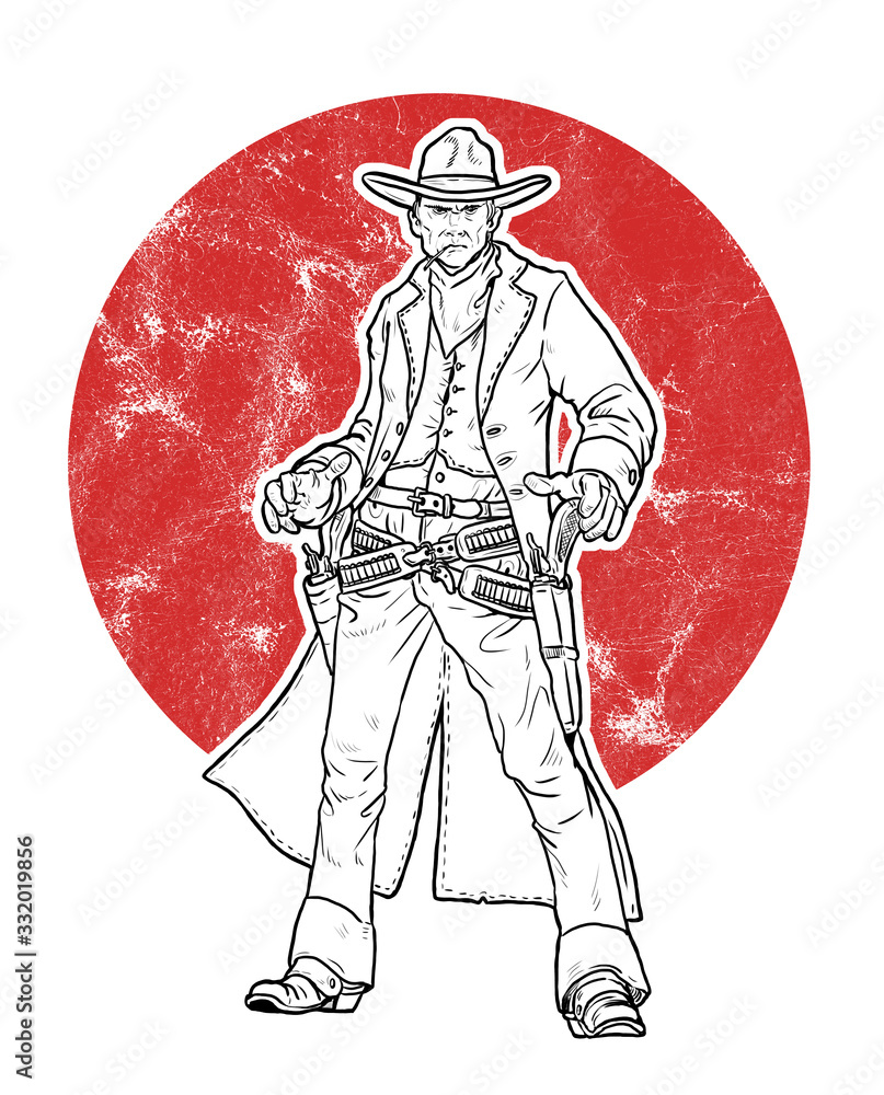 Gunfighter drawing. Cowboy with revolver on duel illustration. American ...