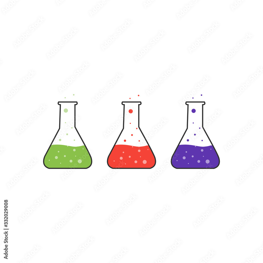 laboratory chemistry equipment, three test tubes icon setr, lab flask ...