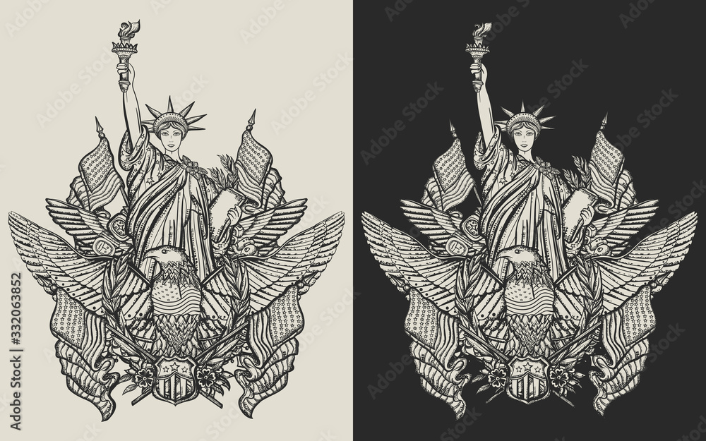 Statue of liberty, eagle, flag and map. United States of America ...