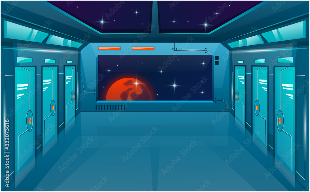 Spaceship corridor with closed doors and big window or viewport. Vector ...