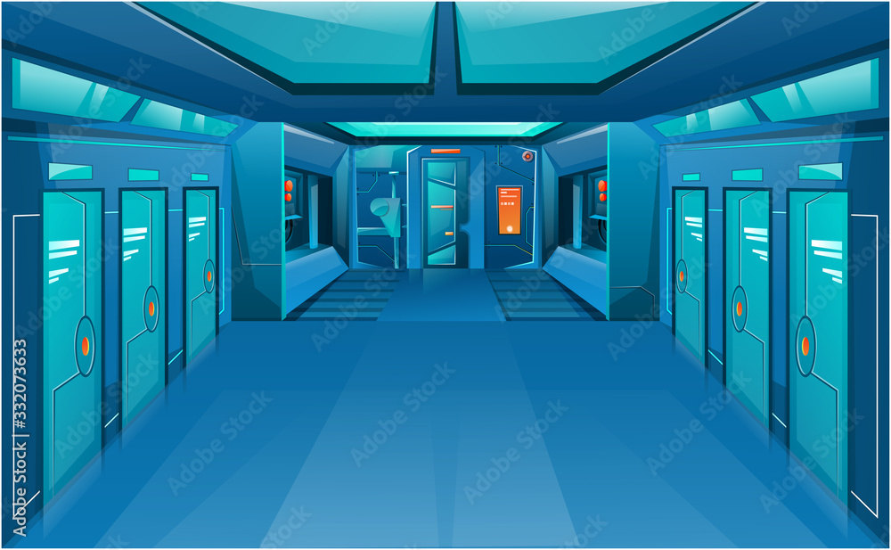 Spaceship corridor hallway. Futuristic interior room with door ...