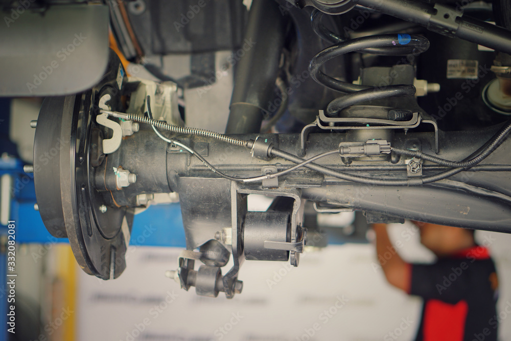 Suspension of drive car with new tire and Shock Absorber.Rear ...