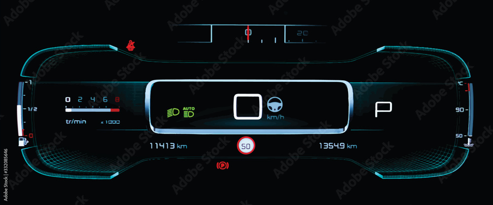 Vektorová grafika „Illustration of illuminated car dashboard panel with ...