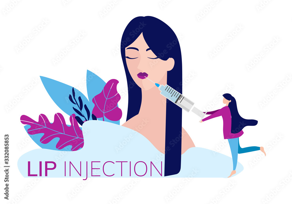 simple flat illustration of a woman, girl injecting a lip injection ...
