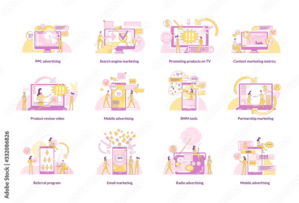 Digital marketing thin line concept vector illustrations set. Marketers ...