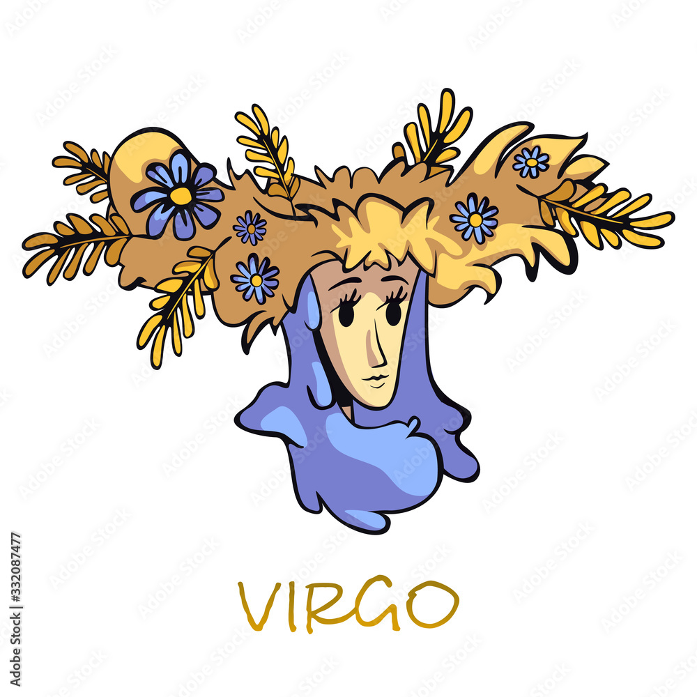 Virgo zodiac sign flat cartoon vector illustration. Woman in floral ...