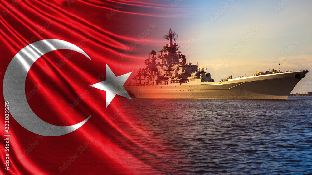 Warships of the world. Battleship on the background of the Turkish flag ...