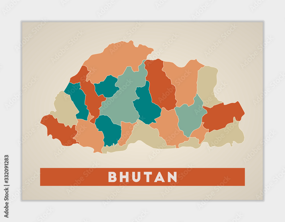 Vetor de Bhutan poster. Map of the country with colorful regions. Shape ...