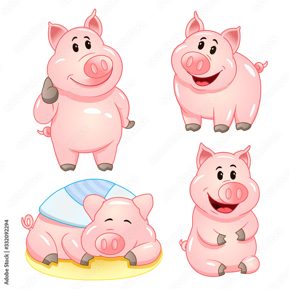 Cute cartoon pig characters in various poses. Vector illustration set ...