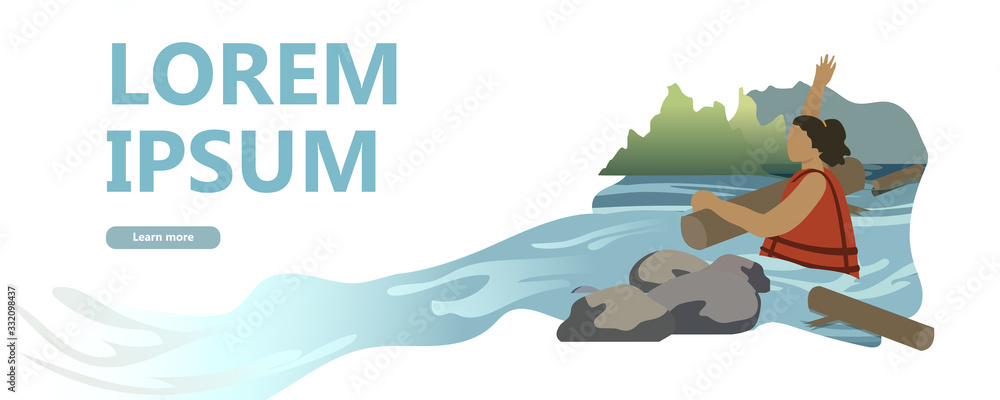 Rafting River Rescue Landing Page Flat Template. Woman Drowning in Wild ...