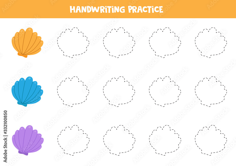 Trace the outline of seashells. Educational worksheet for children ...