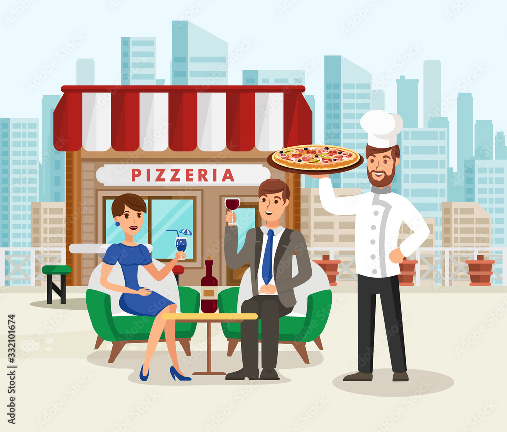 Pizzeria with Happy Clients Cartoon Illustration. Polite Cook Serving ...