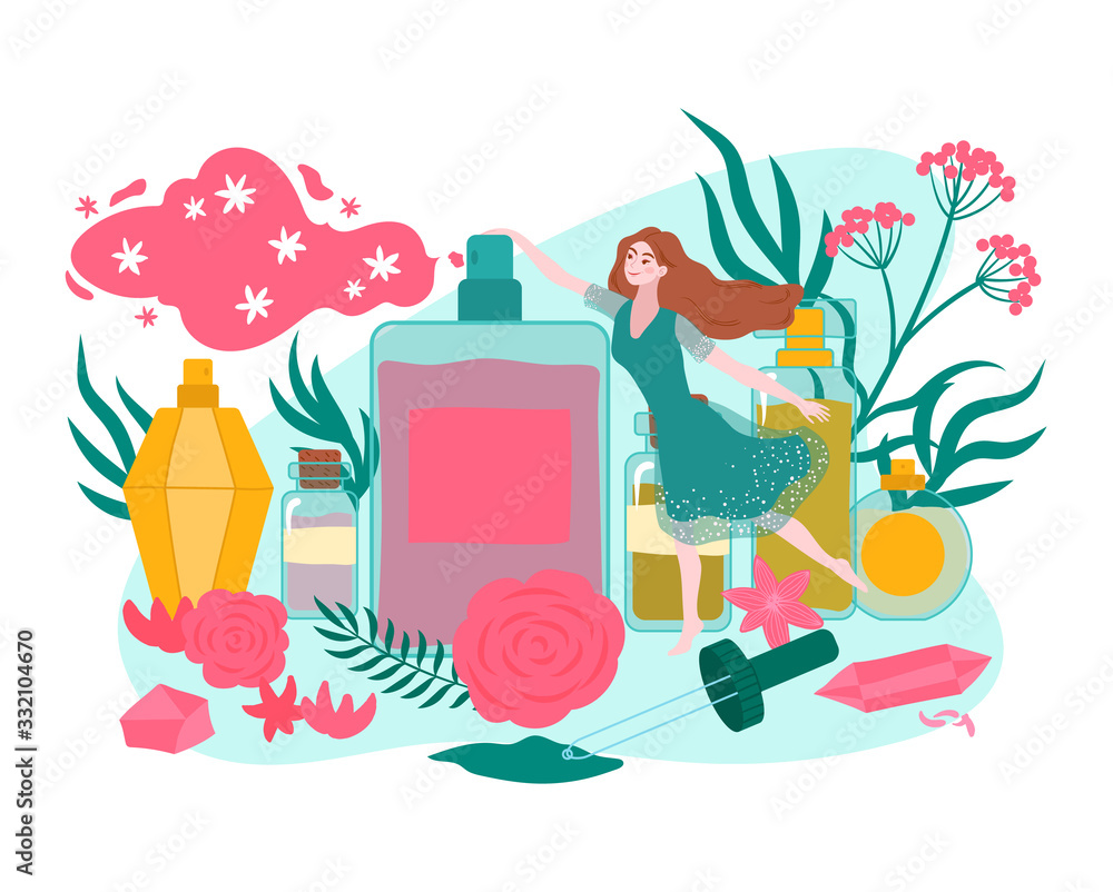 Orgnanic natural cosmetics with young girl, tropical leaves, flowers ...