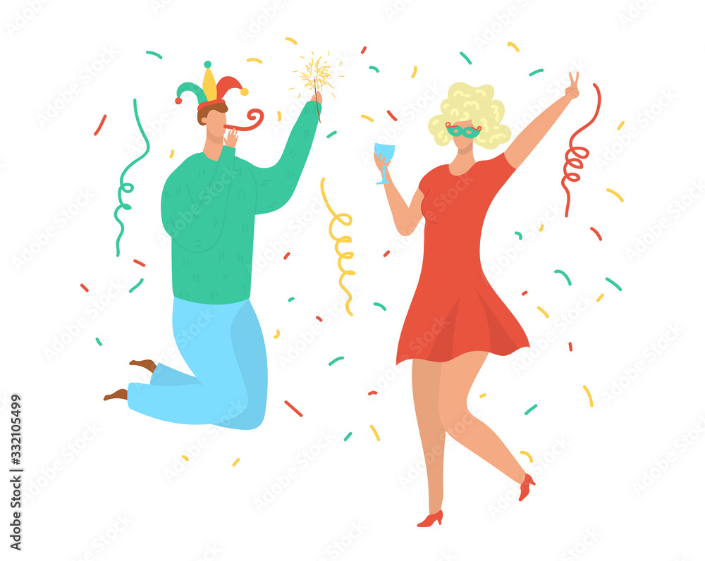 Party dance people, birthday celebration, young man and woman in clown ...