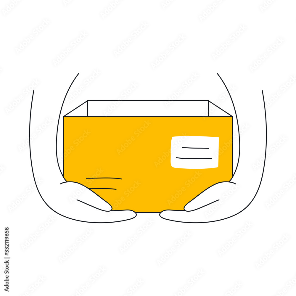 Hands giving or carrying the package, empty yellow cardboard box ...