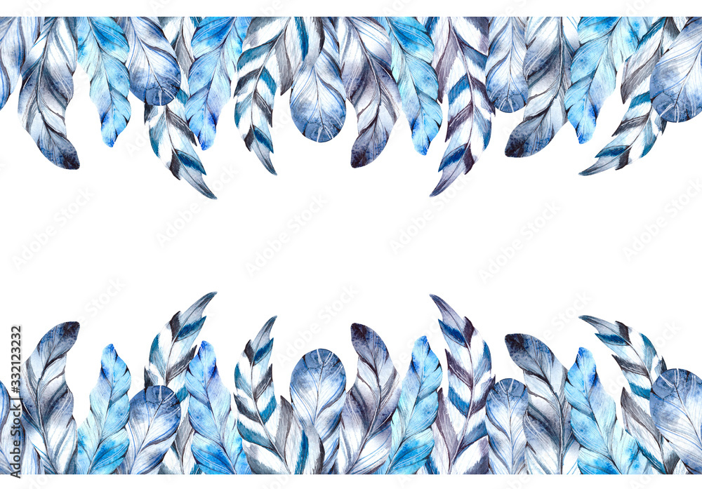 Seamless border, blue feathers, watercolor painting Stock Illustration ...