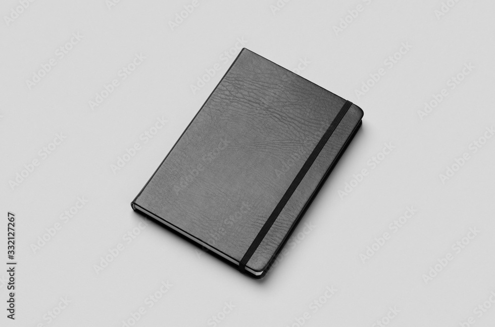 Black notebook mockup on a grey background. Frontside. Stock Photo ...
