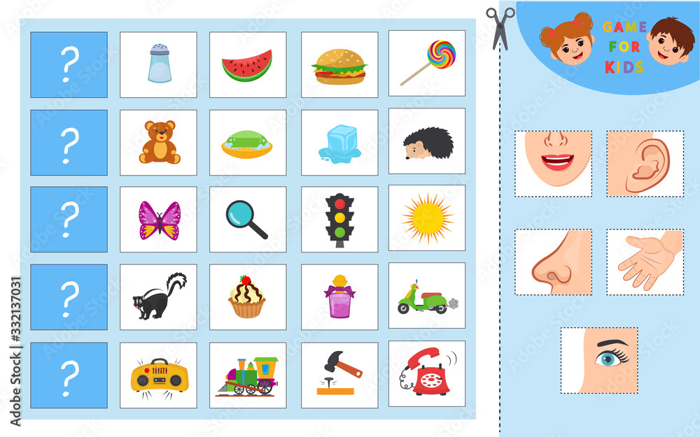 Educational worksheet for kids. Game for Kids. Match of senses and ...
