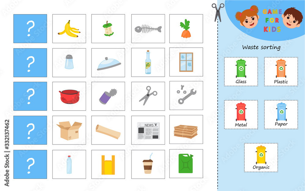 Game for children with pictures. Sorte the waste: glass, metal, paper ... Game for children with pictures. Sorte the waste: glass, metal, paper ...