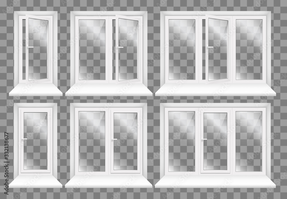 Set of transparent metal plastic windows. Energy cost saving easy to ...