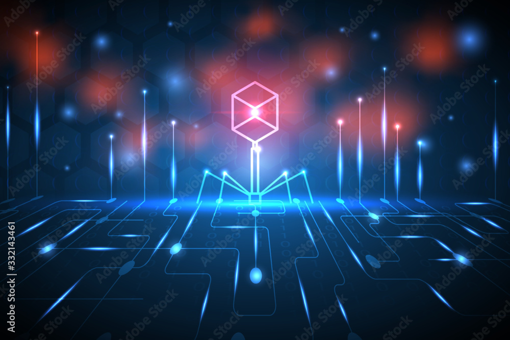 Abstract technology background with virus on circuit and binary number ...