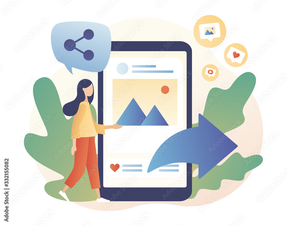 Share concept. Tiny girl sharing data, photos, links, posts and news in ...