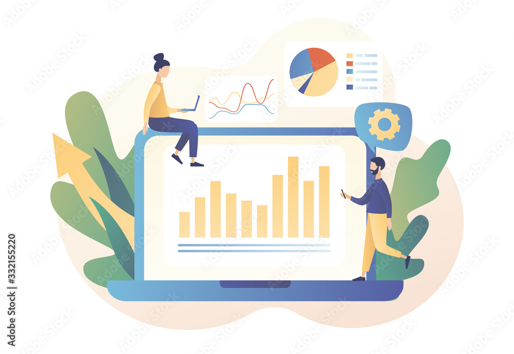 Data analytics consept. Business analysis online. Tiny people are studying the infographic ...