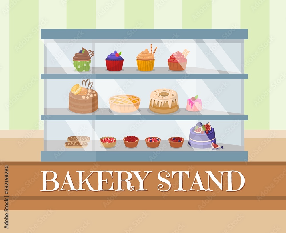 Bakery Stand or Showcase with frosting. Different Sweets under Glass ...