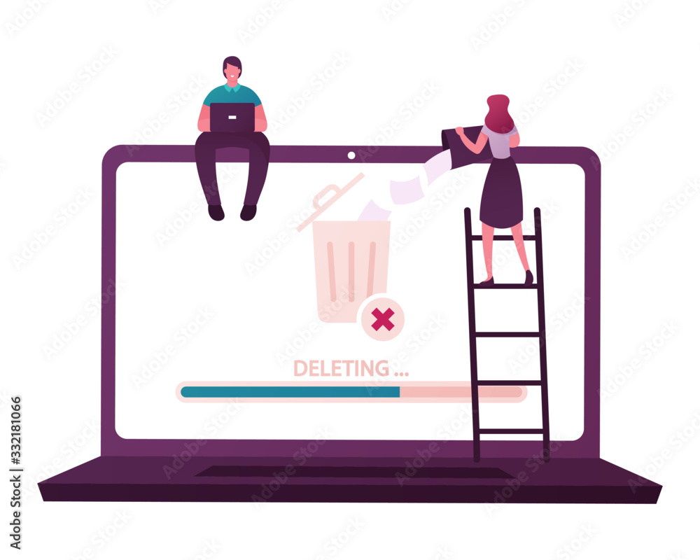 Tiny Male and Female Characters Deleting Data. Man Sitting on Huge ...