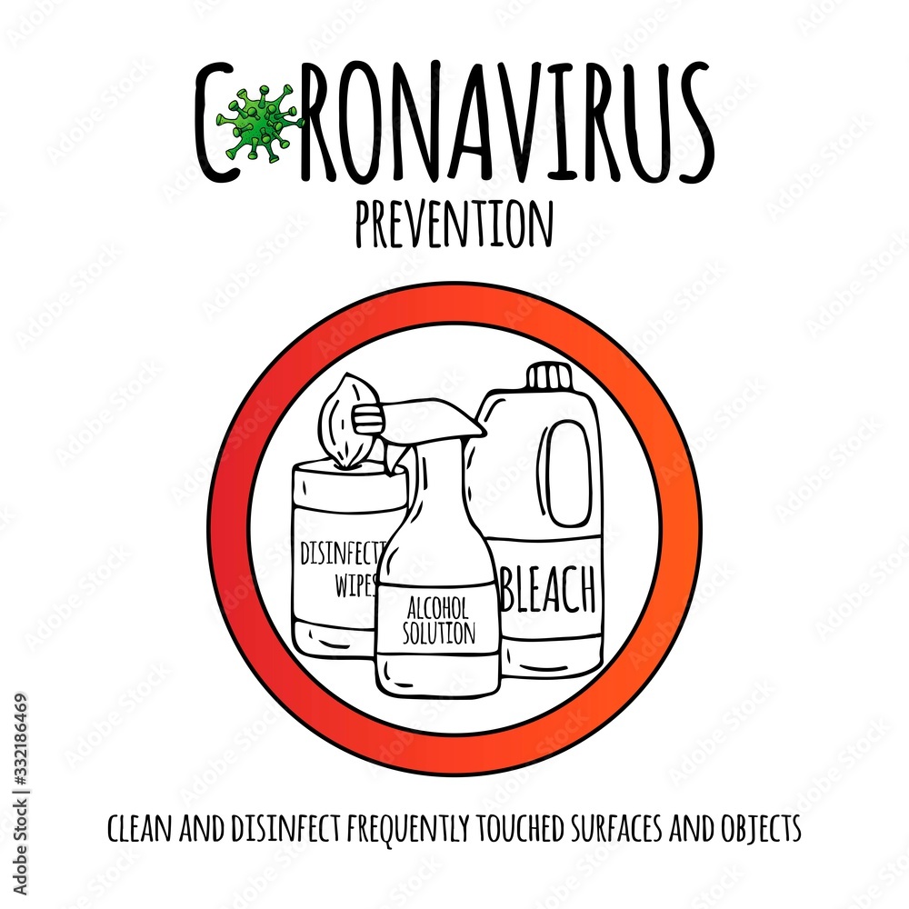 Hand drawn doodle Novel Coronavirus Prevention round icon. Vector ...